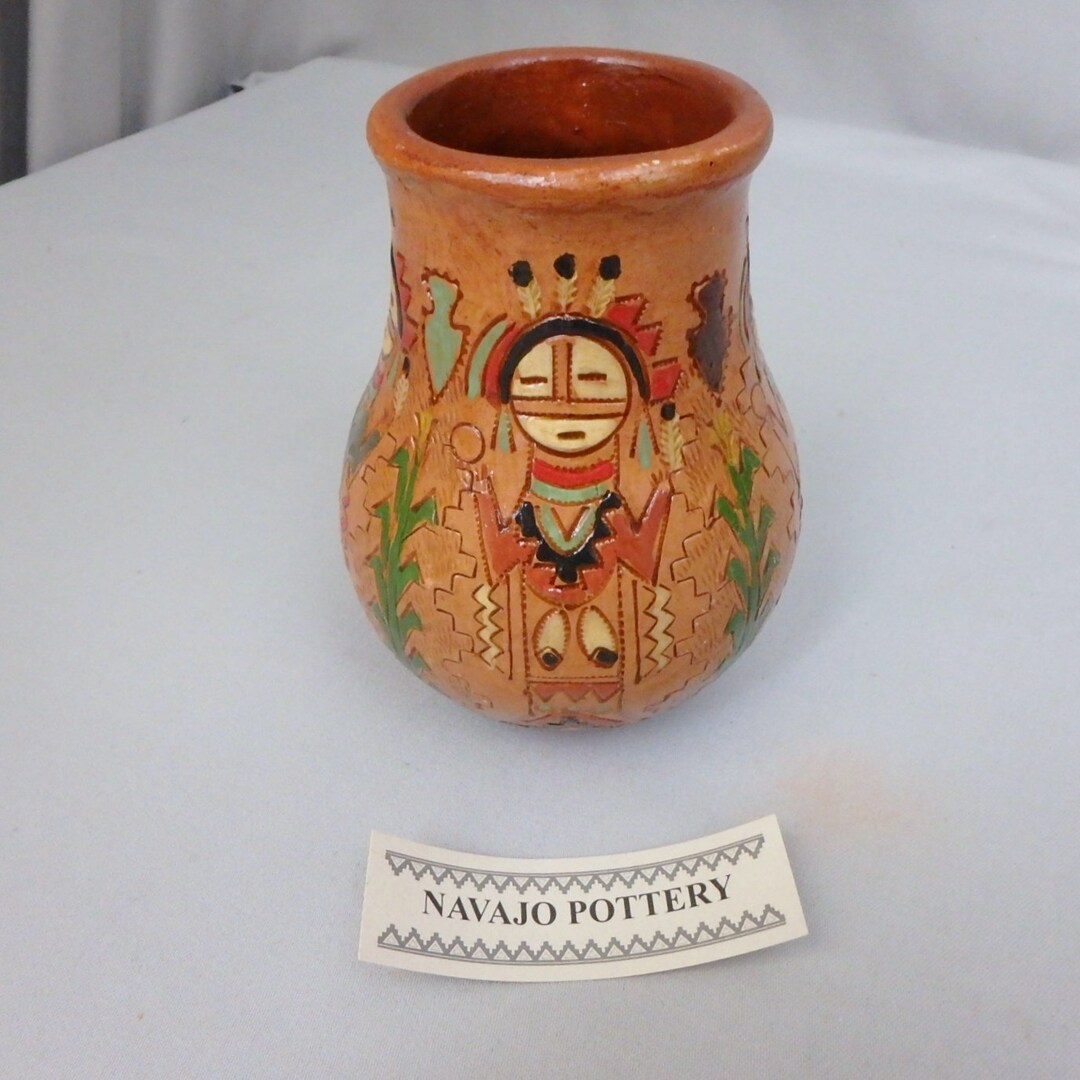 Signed Kenneth White Diné Navajo Pottery Vase With Deity Yei and Corn ...