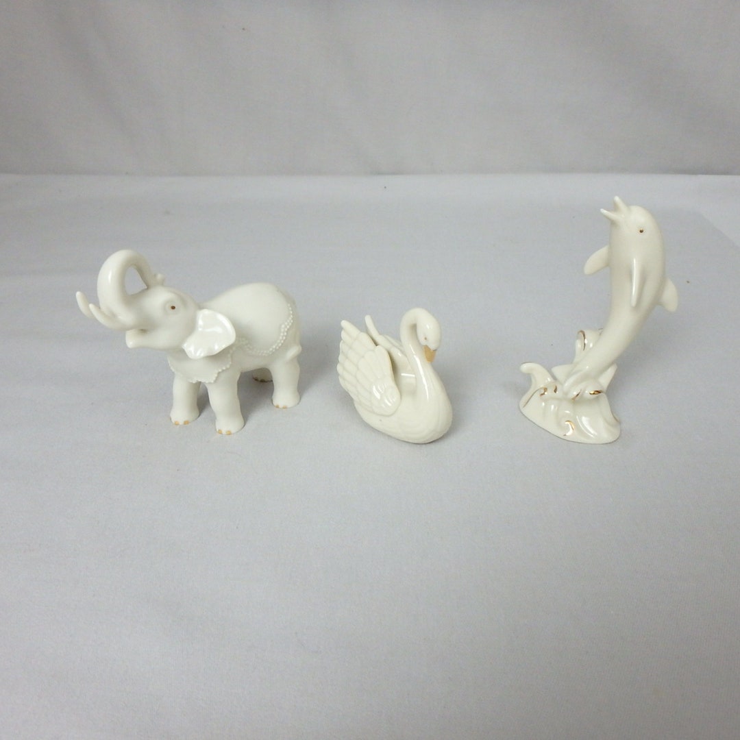 3 Lenox Porcelain Animal Figurines – Elephant, Swan, and Dolphin; Gold ...