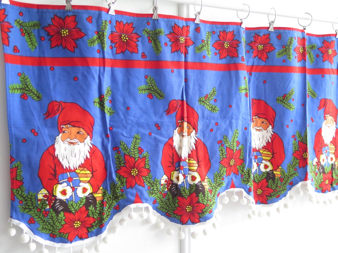 Christmas Window Valance Long Wide Valance Blue Red Gnomes Flowers, Pom ...