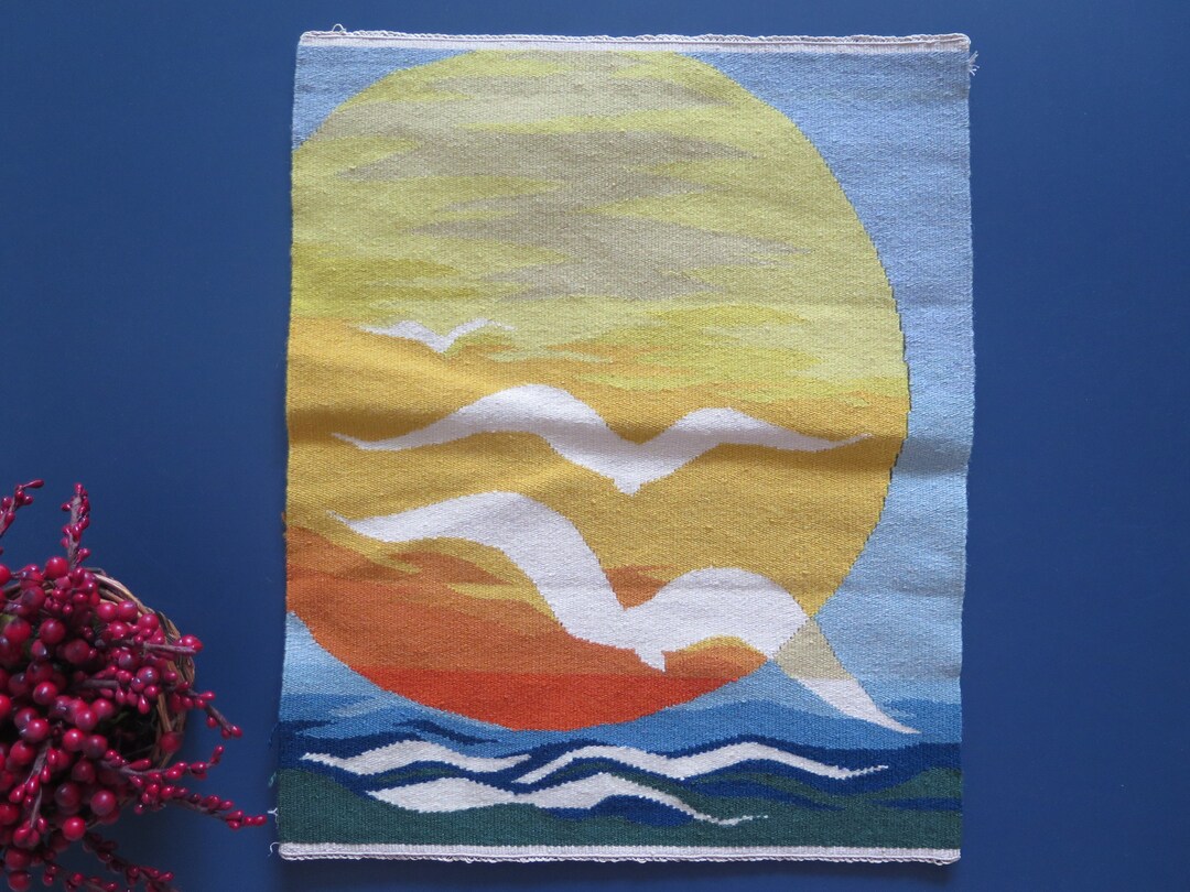 Handwoven Wall Decor Sea Sun Gulls Flamsk Blue Yellow White Flemish ...