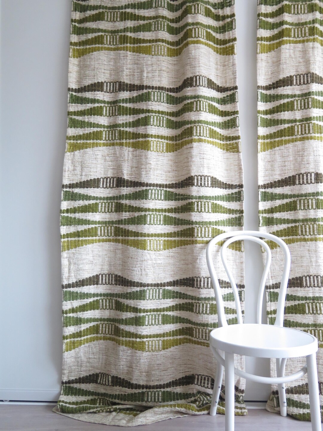 Woven Curtain Panels, Set of 3, Scandinavian / Swedish Beige With Green ...