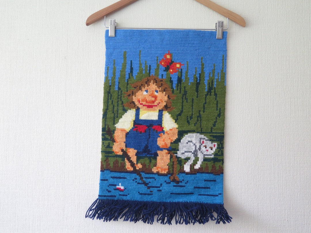 Wall Embroidery Troll Fishing Cat Wall Hanging, Handmade Swedish Wall ...
