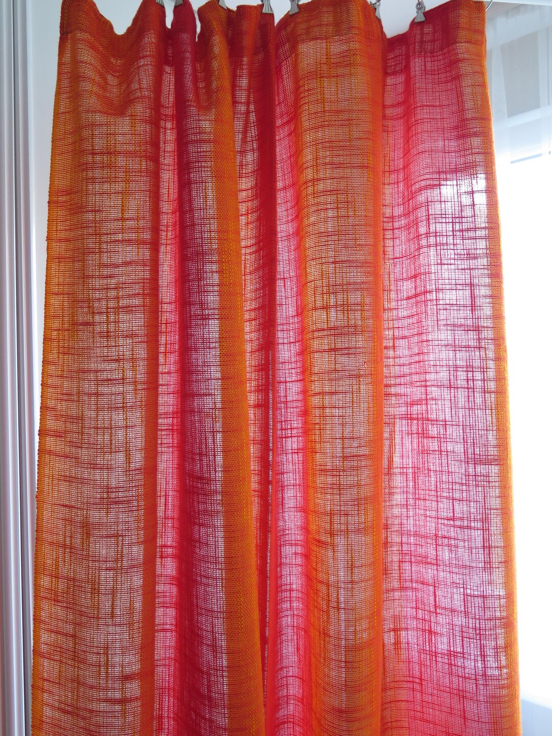 Curtain Single Panel Orange Red Loose Weave Drapery, Semi Sheer Vintage ...