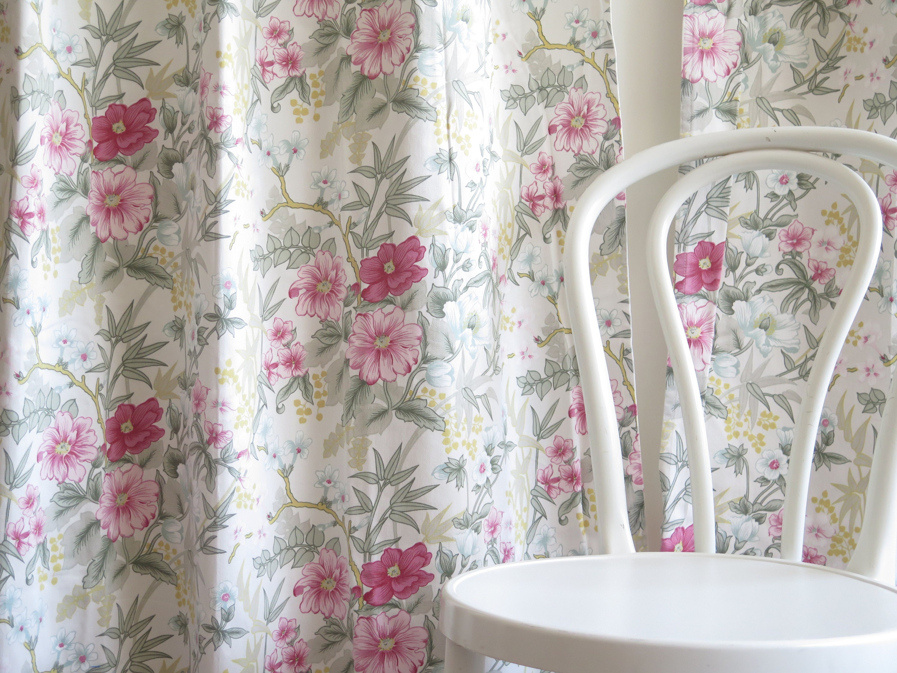 Floral Curtain Panels Set Of 2 Cotton Sateen Fabric Green Pink Etsy