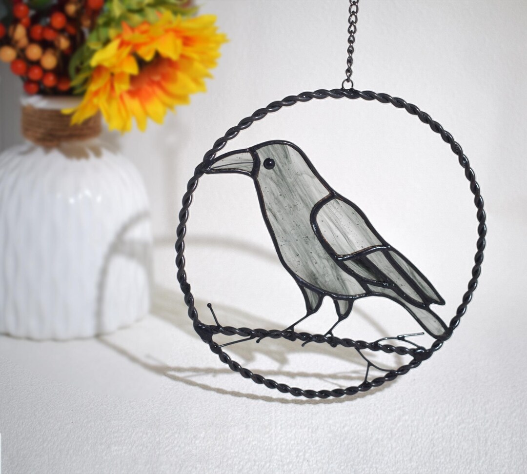 Raven Stained Glass Horror Feathers Stained Glass Bird Halloween Gift ...
