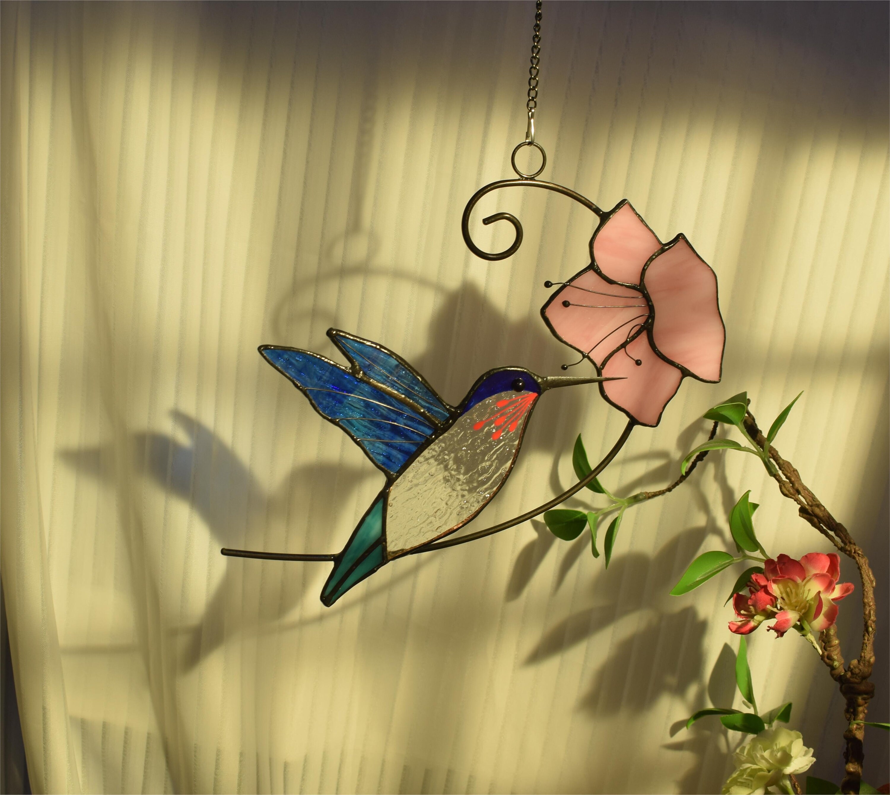Hummingbirds With Flower Stained Glass Window Hangings Birds Stained ...