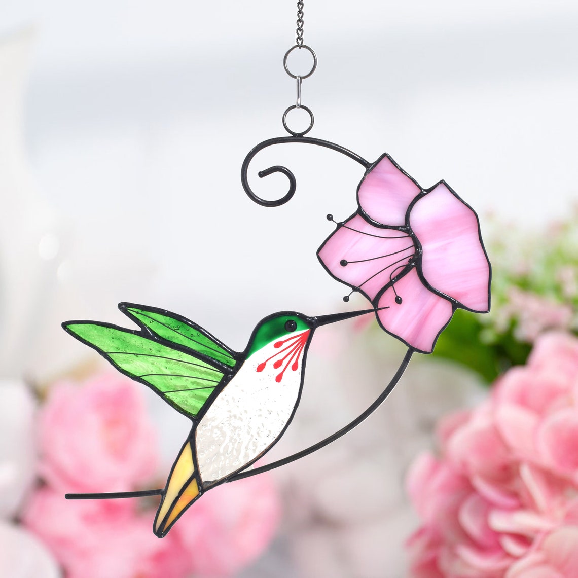 Hummingbirds With Flower Stained Glass Window Hangings Birds Stained ...