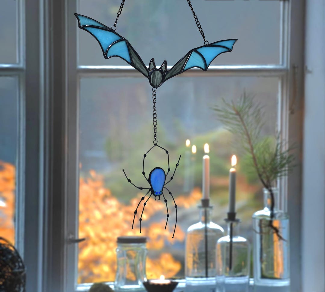 Cute Spider With Bat Stained Glass for Window Hanging Halloween Decor ...