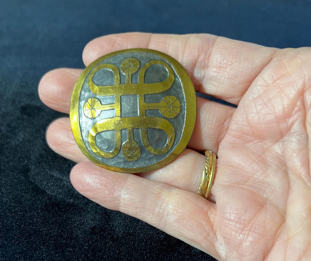 Steinlin Aztec Design Round Brass/silver Brooch - Pin - Etsy