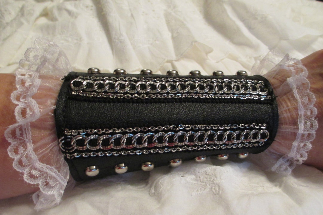Black Leather and Lace Steampunk Gauntlet With Studs and Chain Details ...