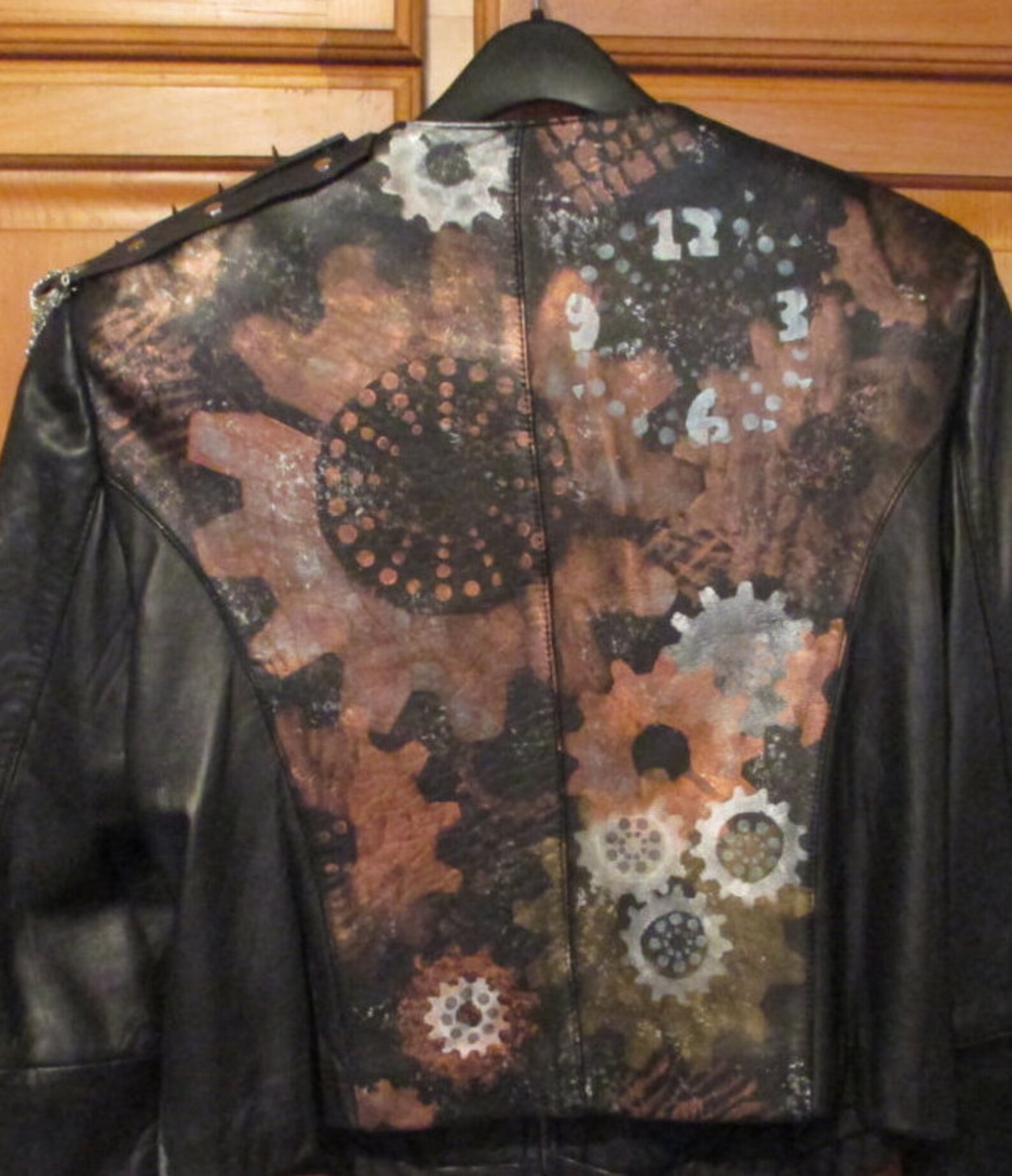 Steampunk Black Leather Jacket With Painted Gear Pattern and Studded ...