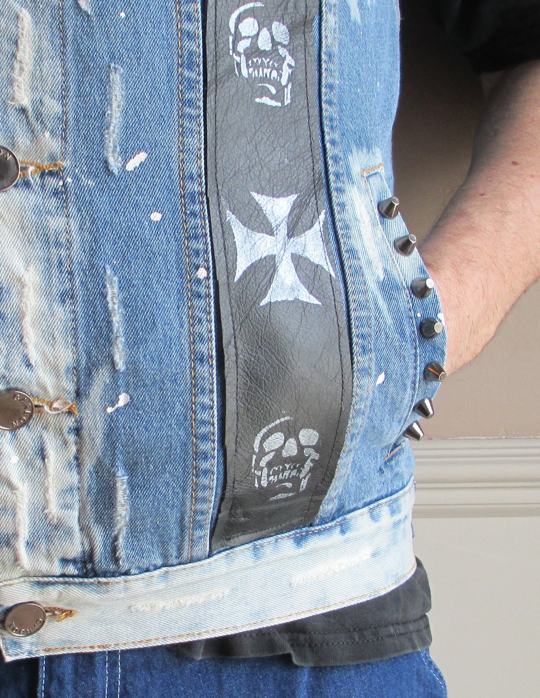 Denim Vest With Black Leather, Skulls, Leather Lacing, Heavy Metal ...