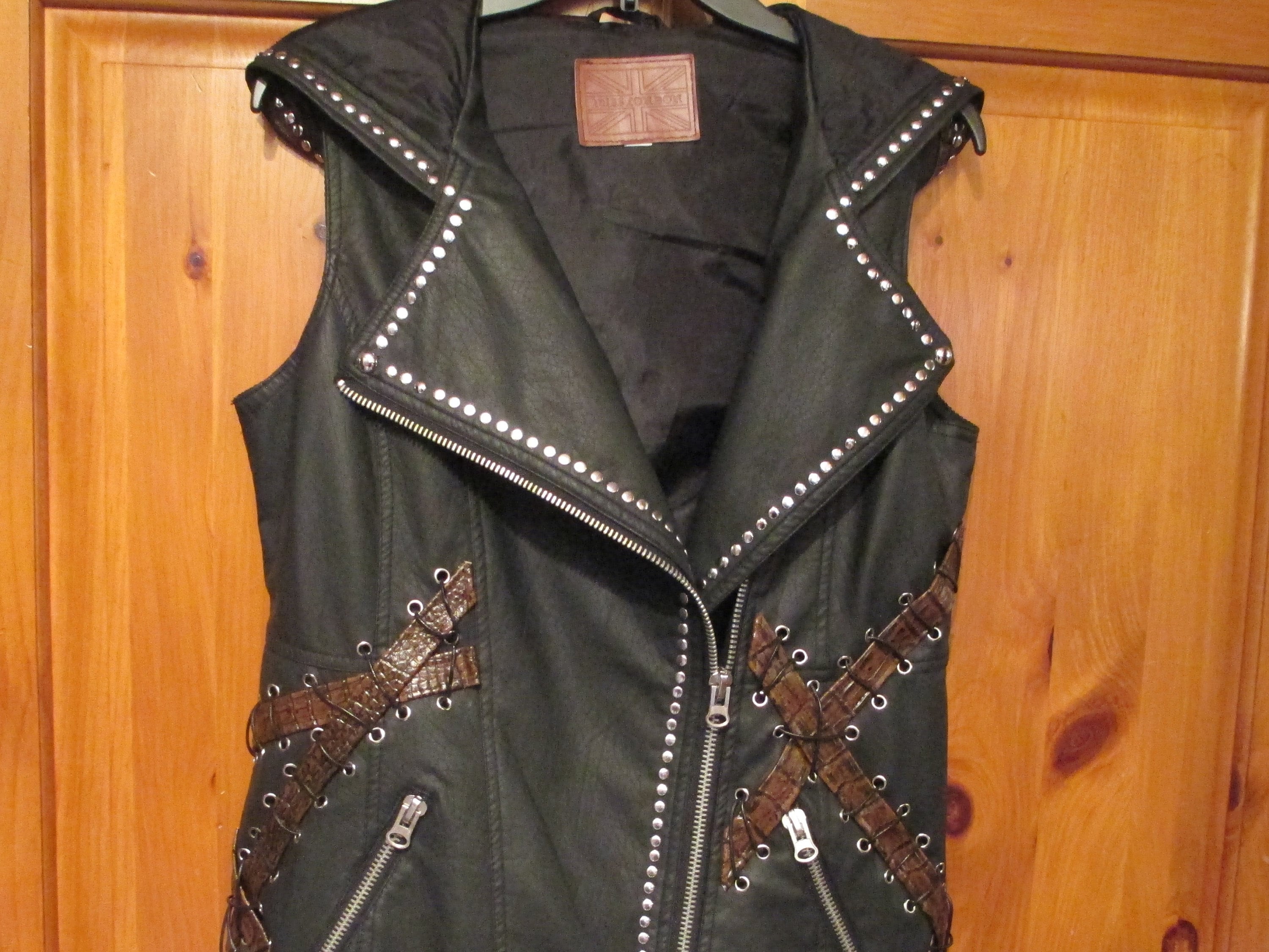Studded and Spiked Black Vegan Leather Vest With Lacings and Dragon ...