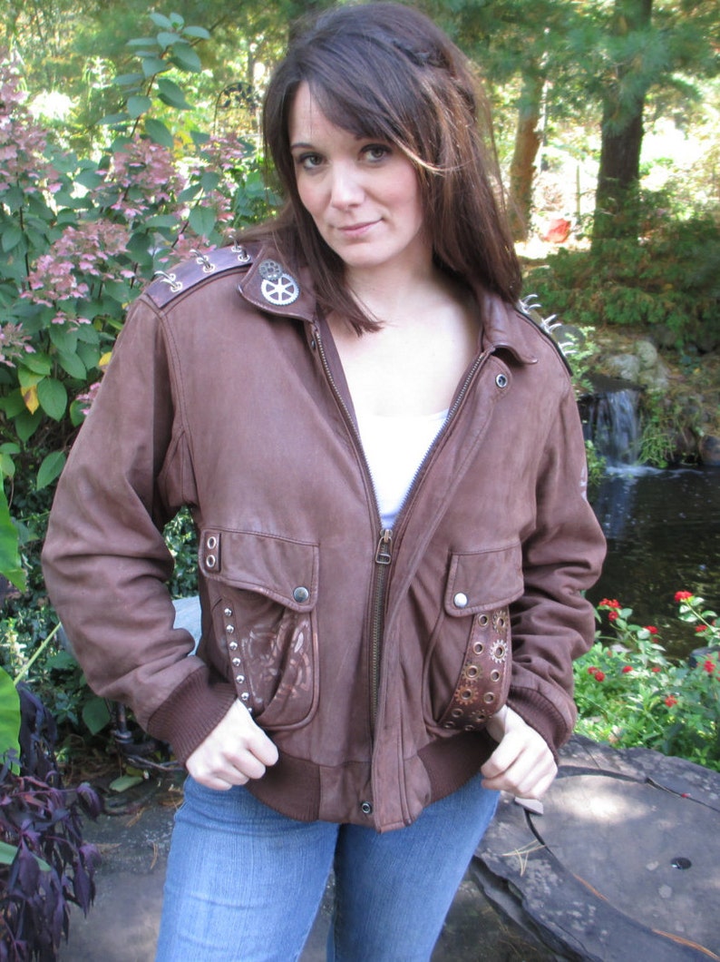 Steampunk Brown Leather Bomber Jacket With Skull and Crossbones and ...
