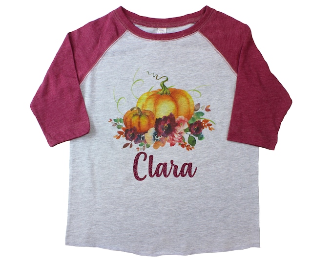 Girl Fall Pumpkin Floral Raglan Burgundy Gray Personalized Watercolor ...