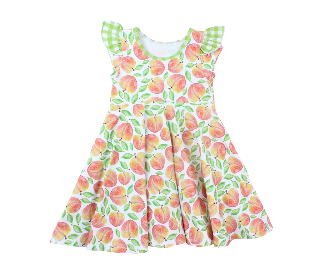 Peach Twirly Dress Gingham Flutter Sleeves Watercolor Peaches Spring ...