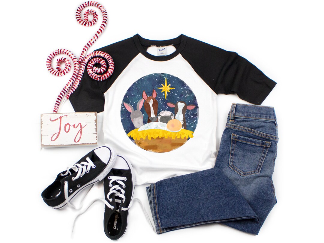Nativity Raglan Manger Scene Animals Baby Jesus Boy Christmas Shirt T ...