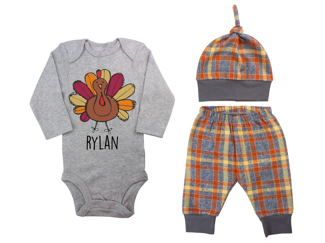 Boy Thanksgiving Outfit Personalized Scribble Turkey Plaid Knot Hat ...