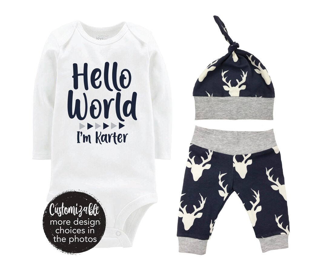 Boy Hello World Personalized Name Coming Home Outfit Bodysuit Infant ...