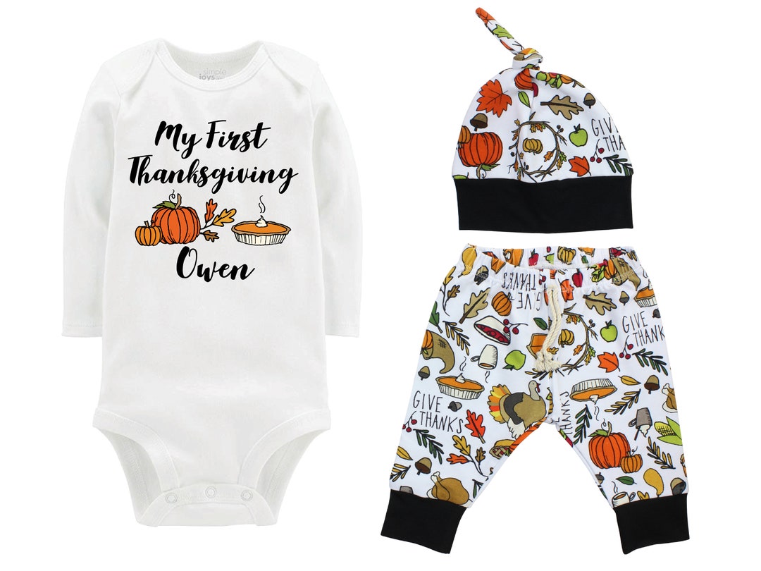 Boy First Thanksgiving Outfit Fall Pumpkin Pie Turkey Give Thanks Knot ...