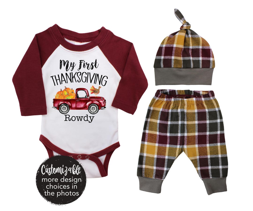 Boy First Thanksgiving Truck Personalized Boy Outfit Fall Pants Knot ...