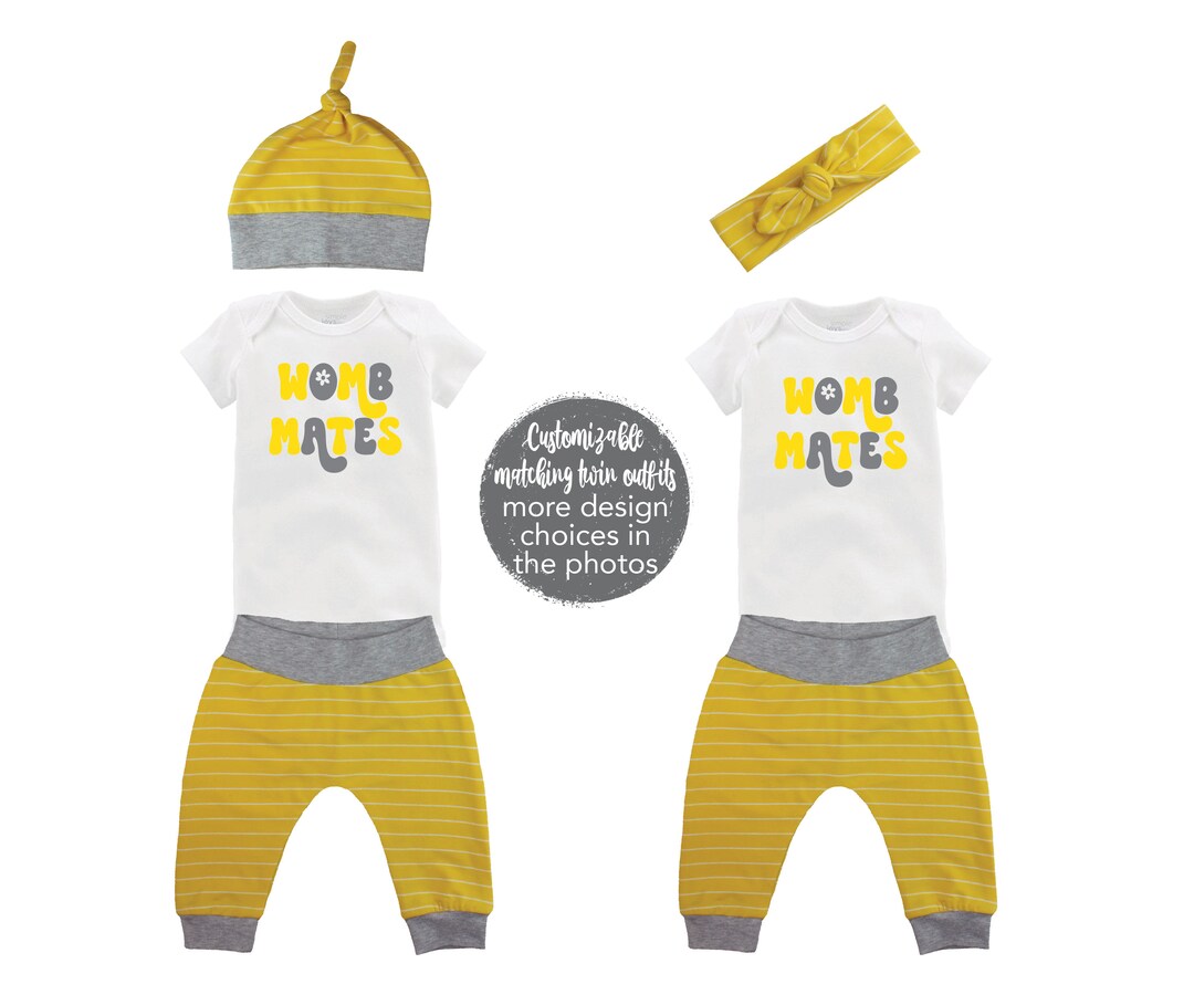 Womb Mates Matching Outfit Baby Coming Home Yellow Stripes Girl Twin ...