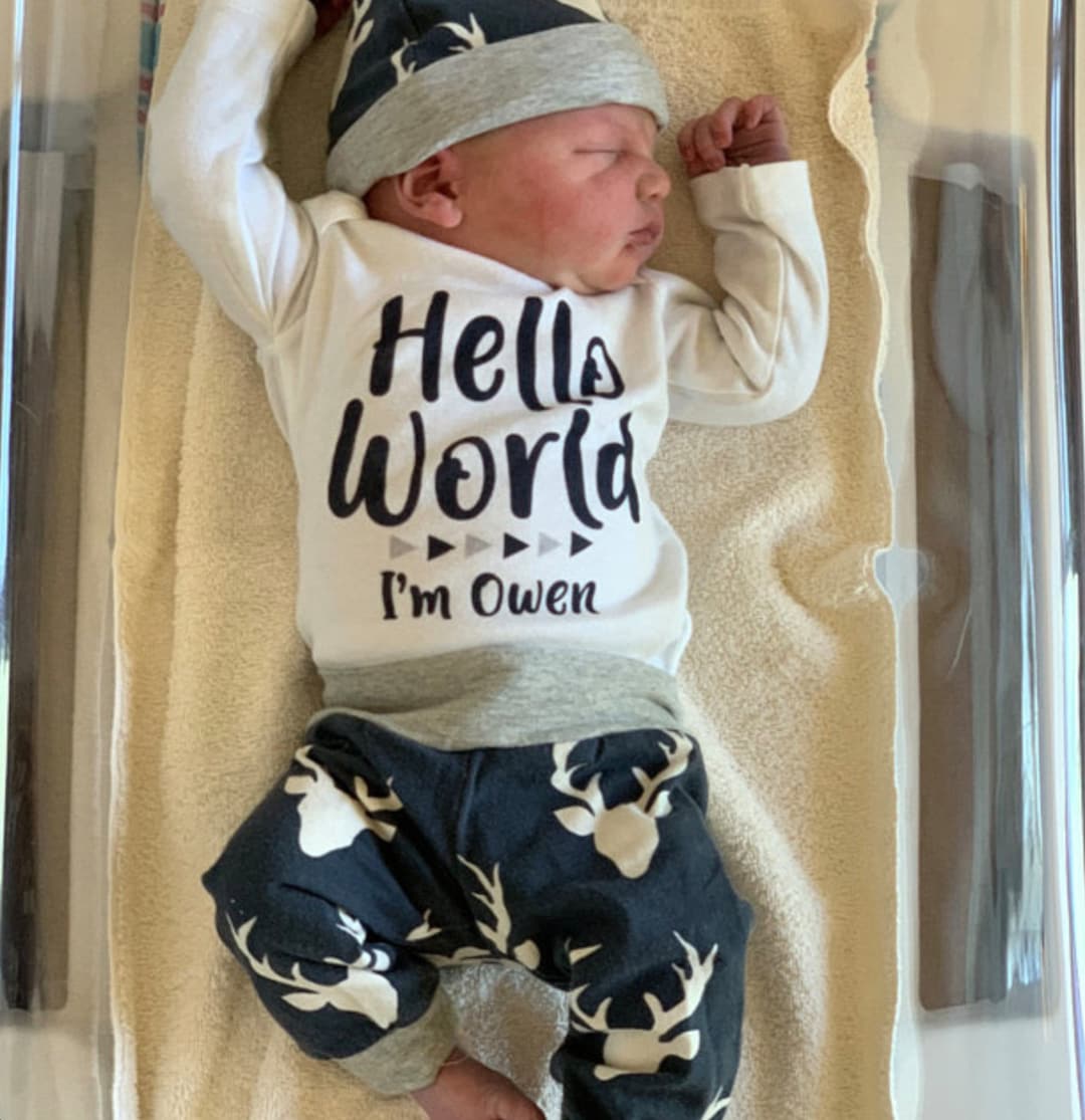 Boy Hello World Personalized Name Coming Home Outfit Bodysuit Infant ...