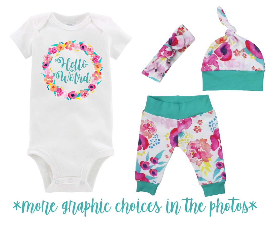Hello World Girl Going Home Outfit Newborn Baby Infant Set Watercolor ...