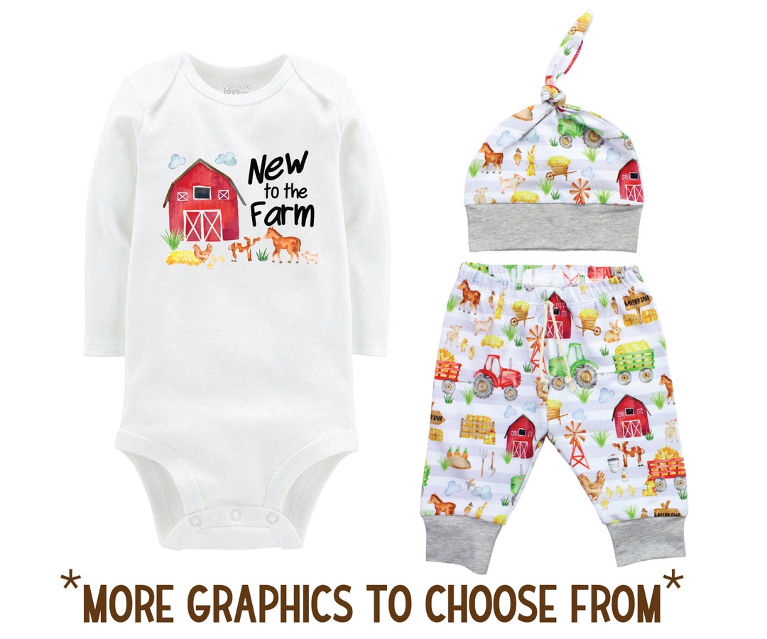 New to the Farm Outfit Boy Farming Bodysuit Pants Hat Blanket Barn Baby ...