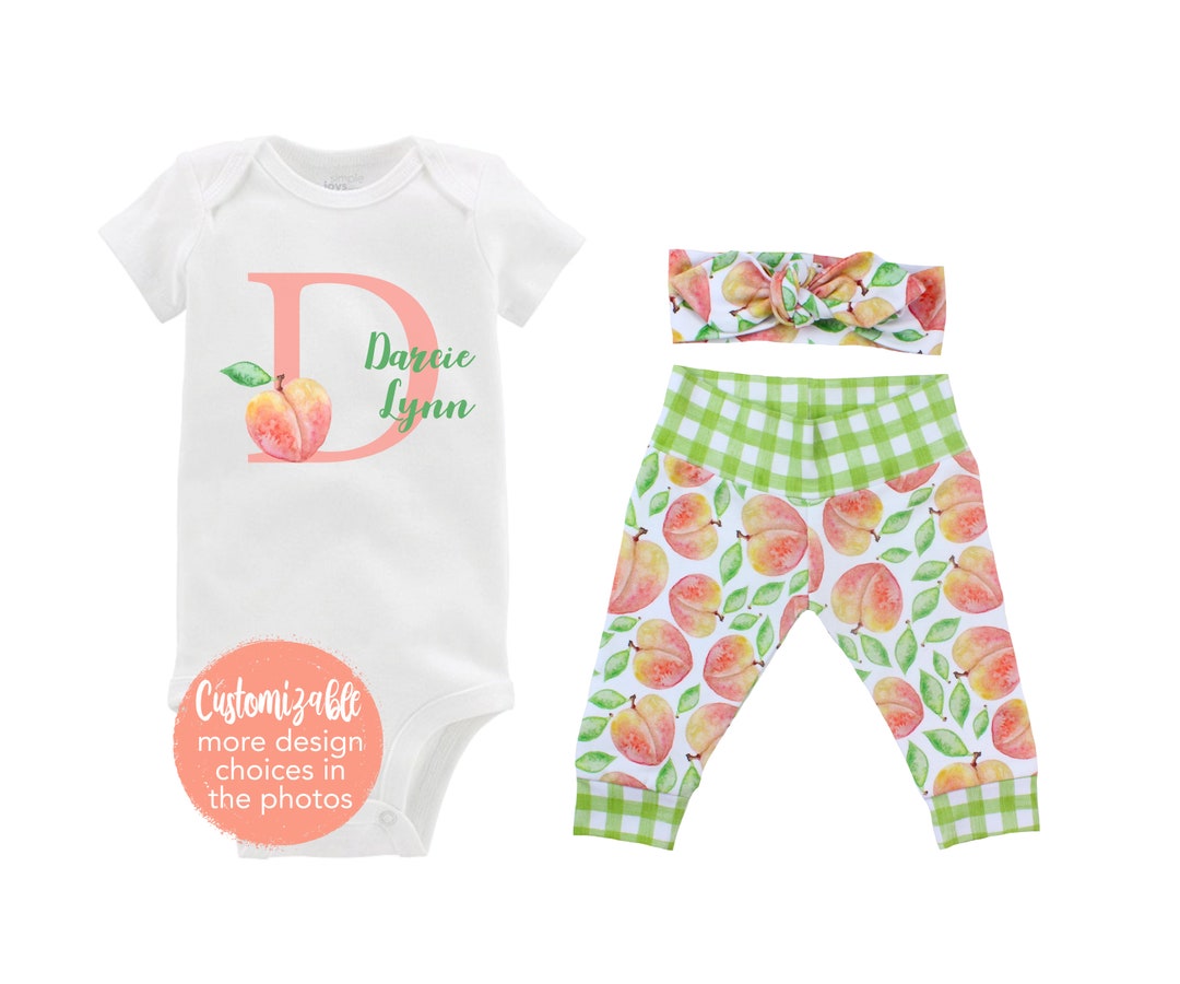 Custom Initial Peach Green Gingham Baby Girl Outfit Peachy Sweet One ...