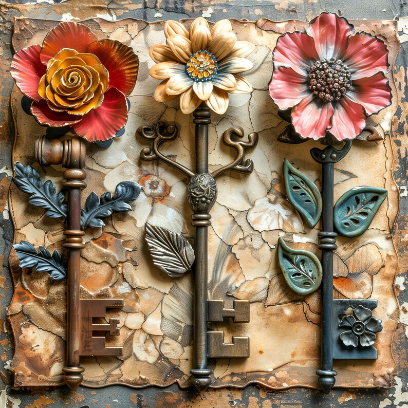 Flowers and Keys Vol 2 | Vintage Steampunk Backgrounds | Digital ...