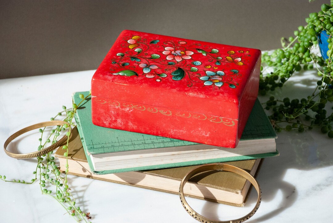 Hand Painted Trinket Box / Red With Gold Vining Floral Motif / Hinged ...