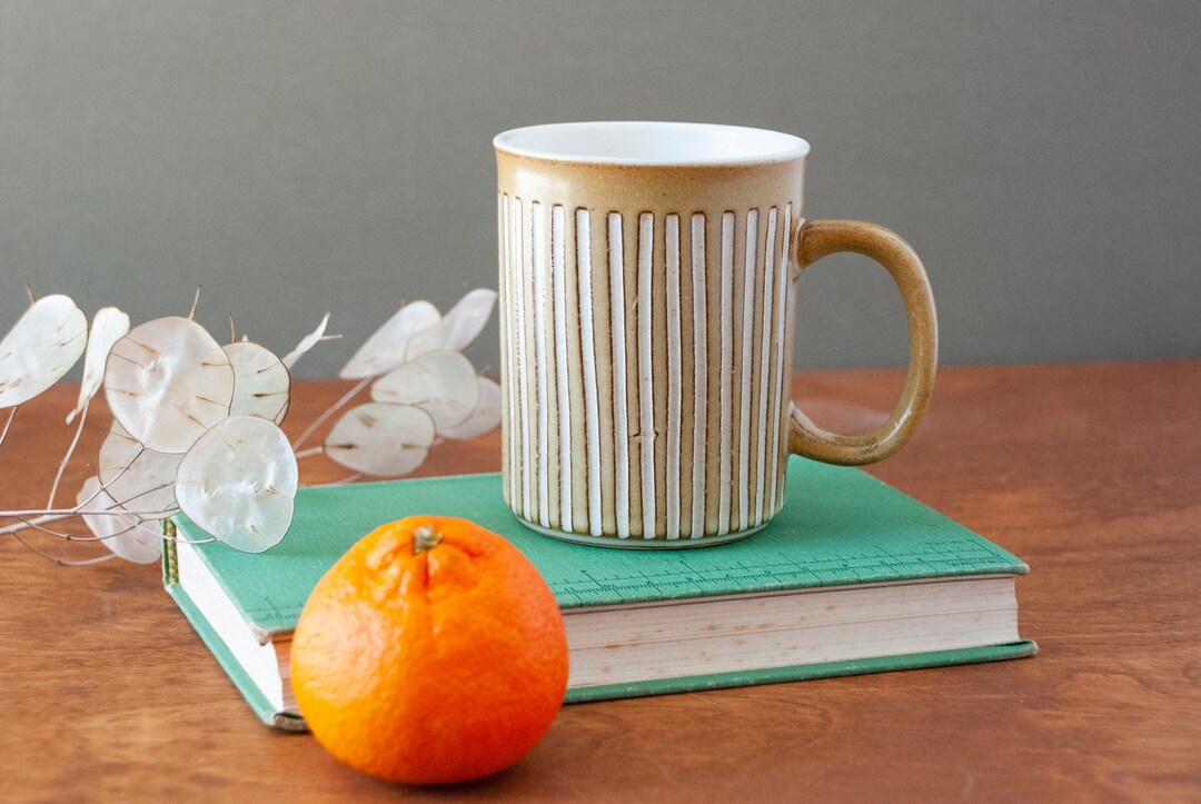 Carved Tactile Stripes Ceramic Coffee Mug / Ribbed Speckled Stoneware ...