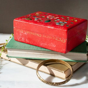 Hand Painted Trinket Box / Red With Gold Vining Floral Motif / Hinged ...