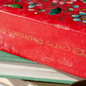 Hand Painted Trinket Box / Red With Gold Vining Floral Motif / Hinged ...