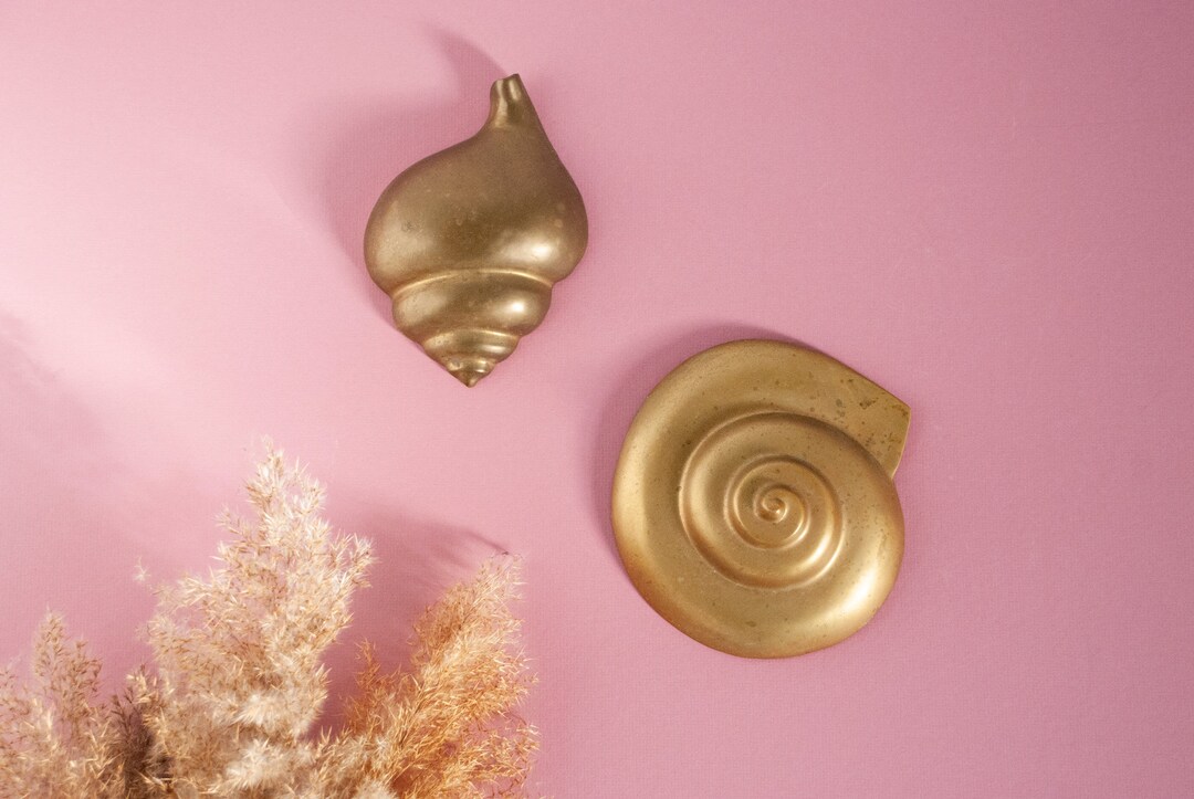 Pair of Brass Sea Shell Wall Plaques / Beachy Nautical Decor / Mid ...