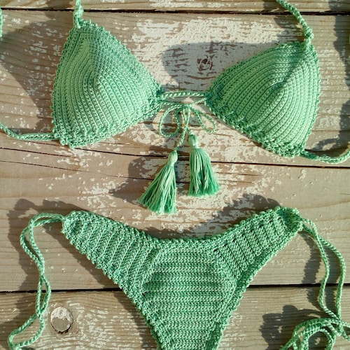 High Hip Crochet Bikini Set Brazilian Mint Tassel Bikini Crochet