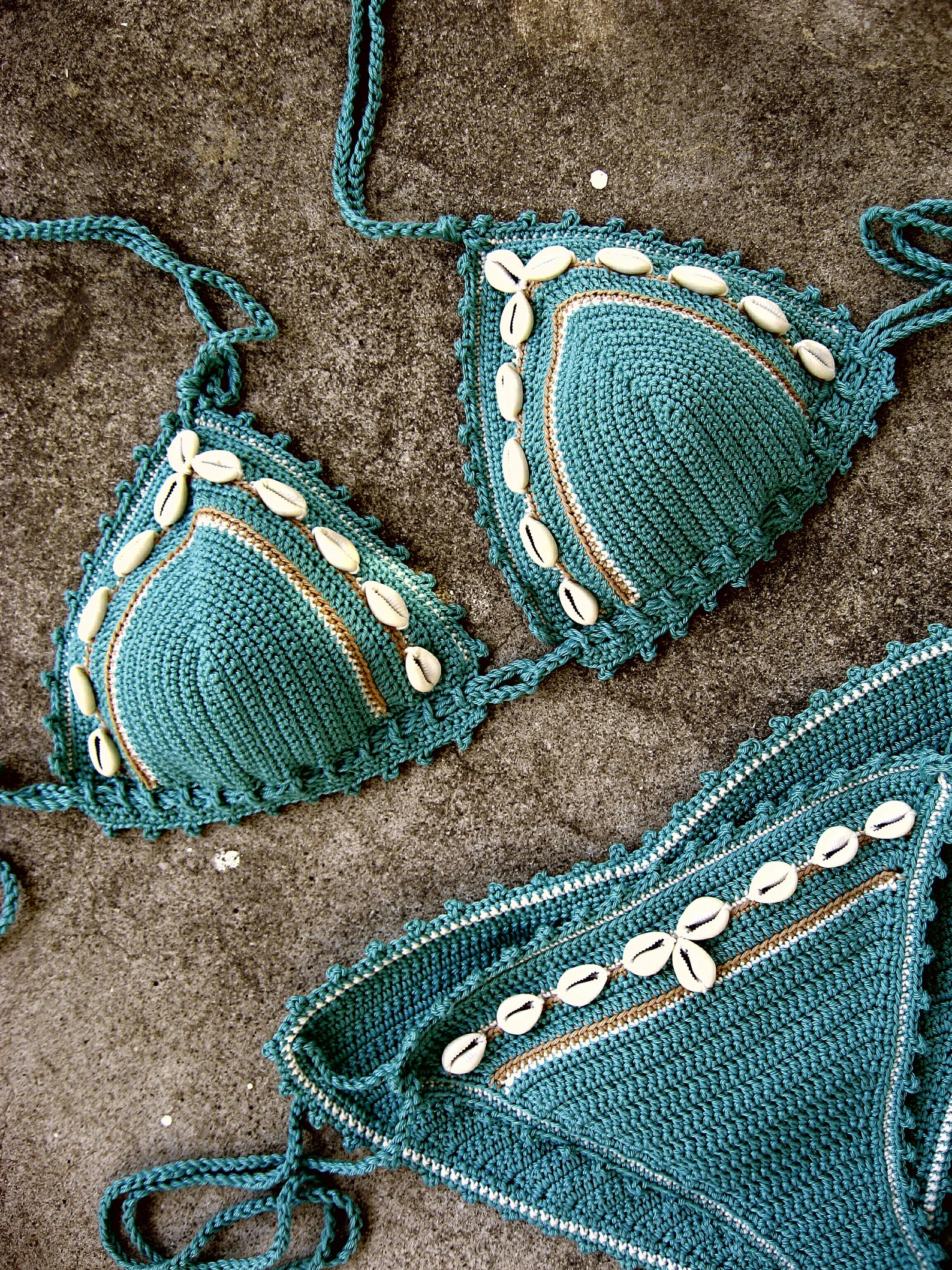 Crochet Bikini Set Teal Blue With Cowrie Sea Shells Bikini Crochet