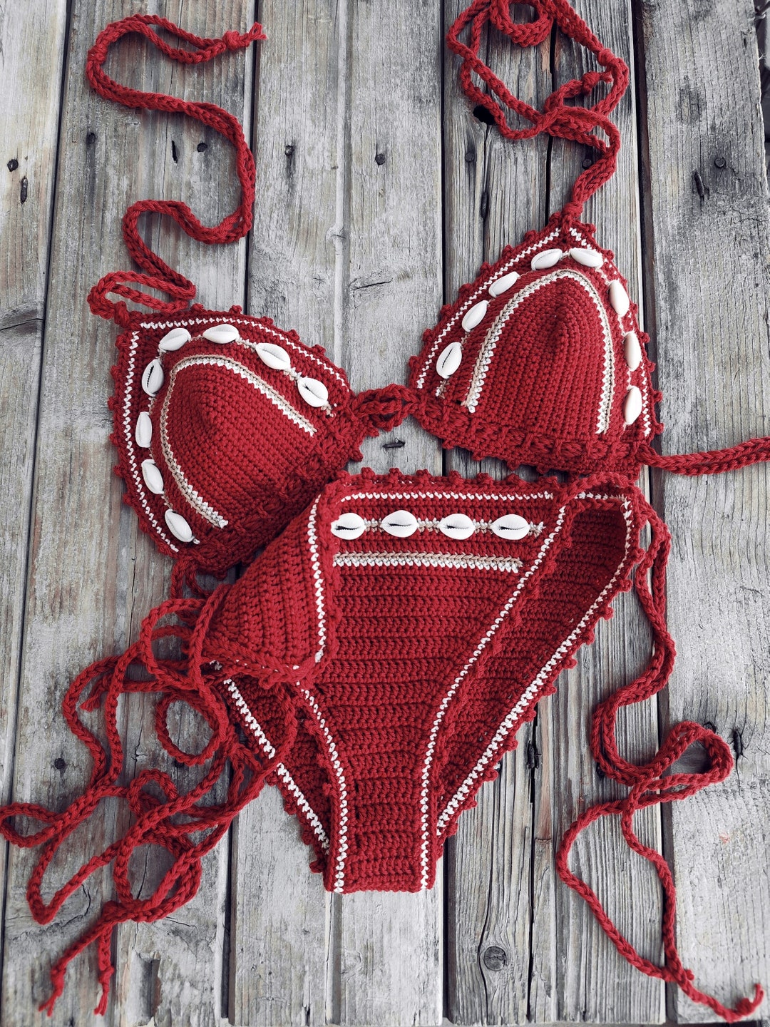 Crochet Bikini Set in Dark Red With Seashells - Etsy
