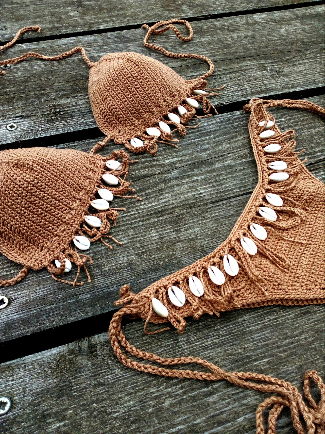 Häkeln Bikini Set Tan Brown Bikini mit Cowrie Sea Shells | Etsy