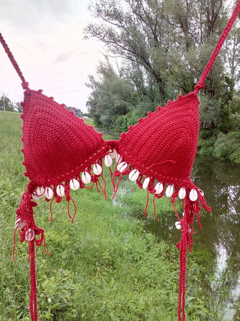 Crochet Bikini Set Red Bikini With Natural Seashells. Can Be Made in ...