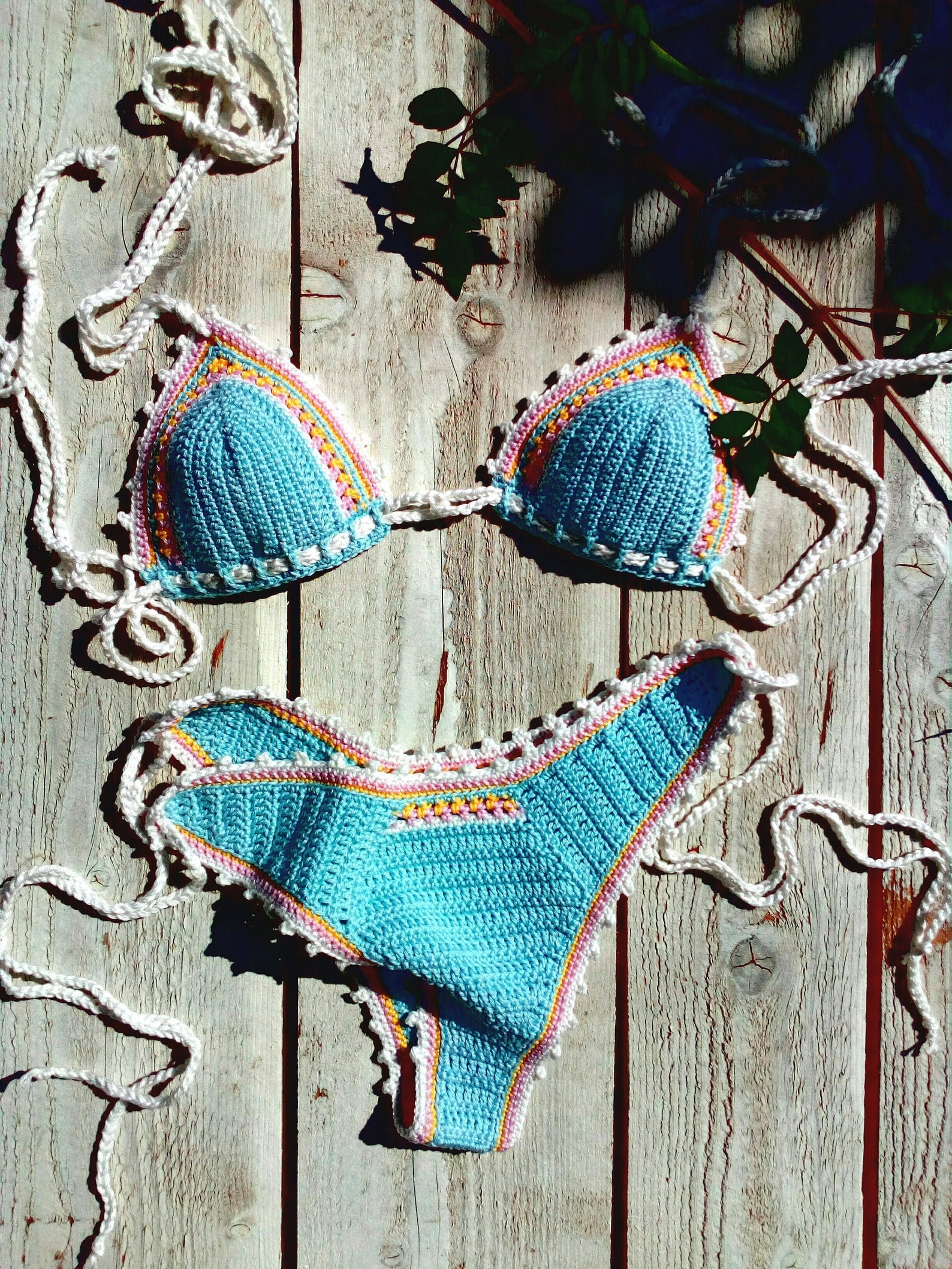 Bikini High Hip Brazilian Crochet Bikini Set Turquoise Blue Crochet