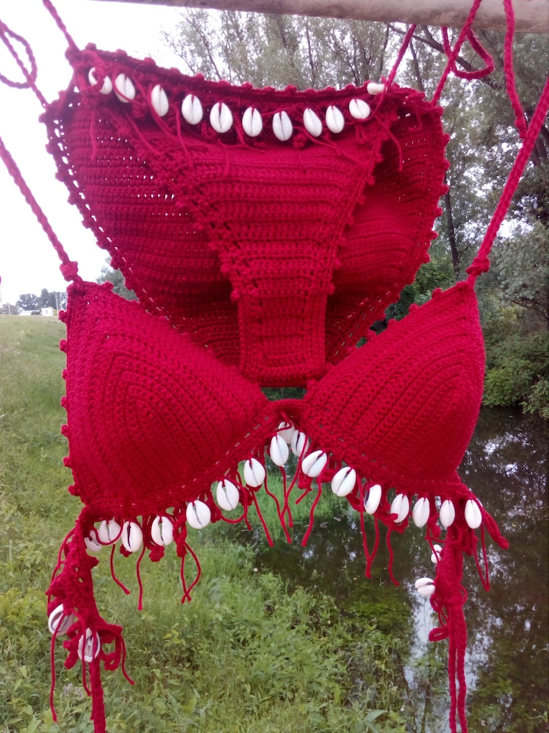 Crochet Bikini Set Red Bikini With Natural Seashells. Can Be Made in ...