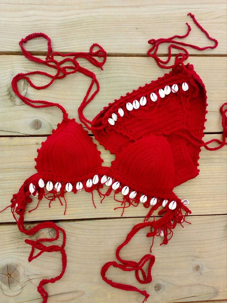 Crochet Bikini Set Red Bikini With Natural Seashells. Can Be Made in ...