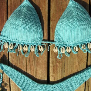 Crochet Bikini Top Shell Turquoise Blue With Cowrie Sea Shell Top ...