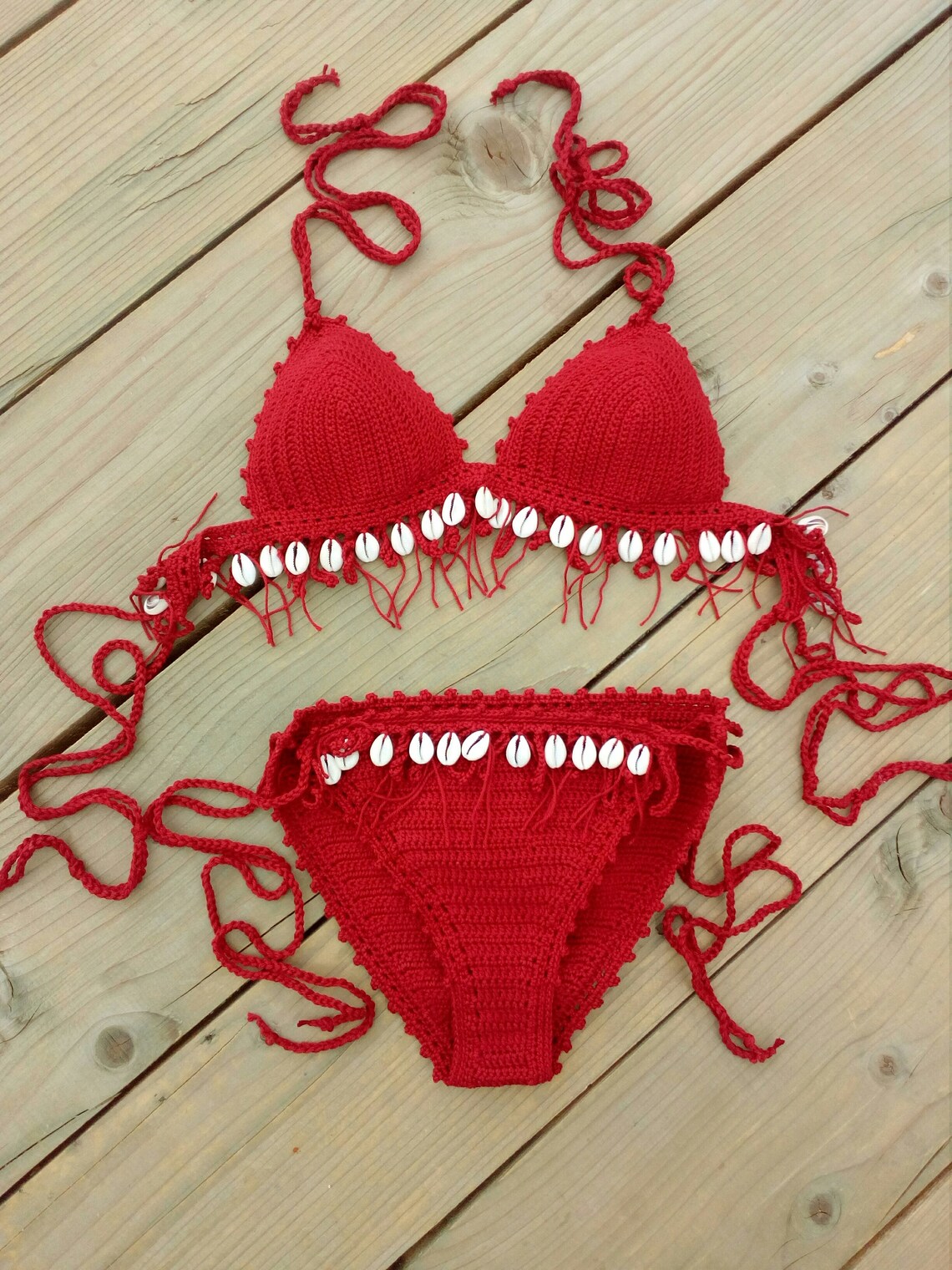 Crochet Bikini Set Red Bikini With Natural Seashells. Can Be Made in ...