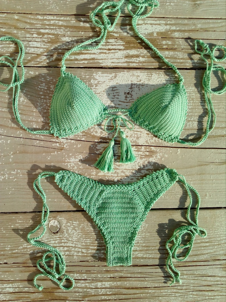 High Hip Crochet Bikini Set Brazilian Mint Tassel Bikini Crochet