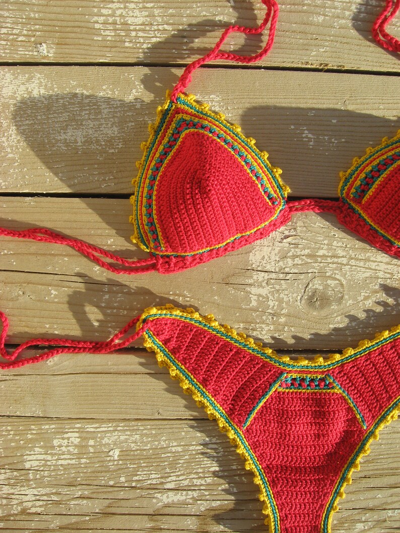 High Hip Brazilian Crochet Bikini Set Red With Yellow Green Etsy