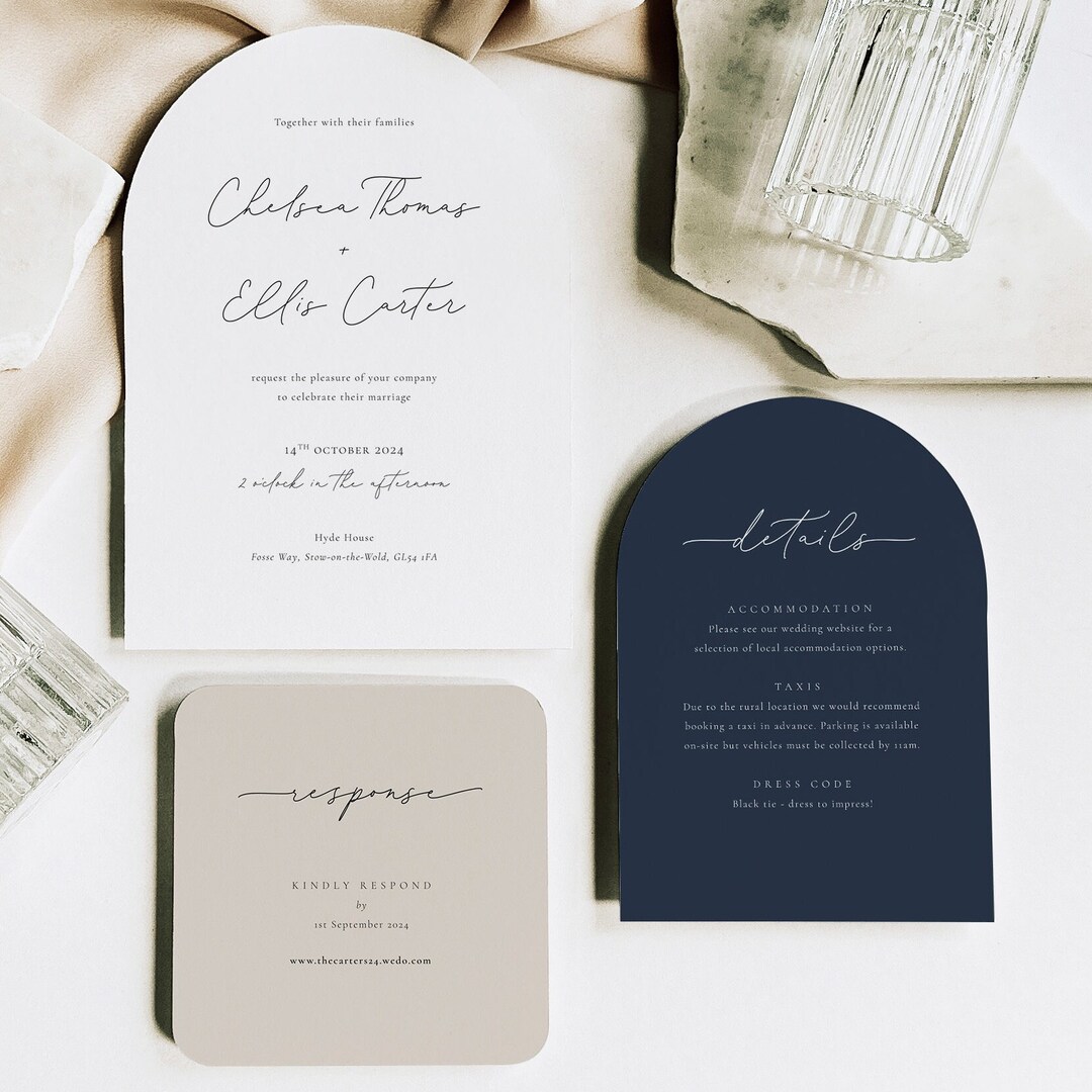 Arched Shaped Die Cut Wedding Invitation Suite, Navy Wedding Invite ...