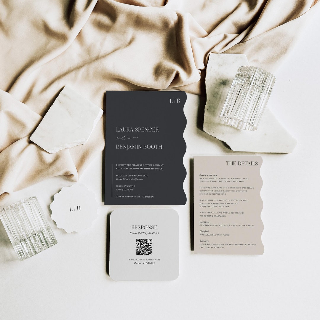 Wavy Shaped Wedding Invitation Suite Grey Wedding Invite Suite Wavy ...